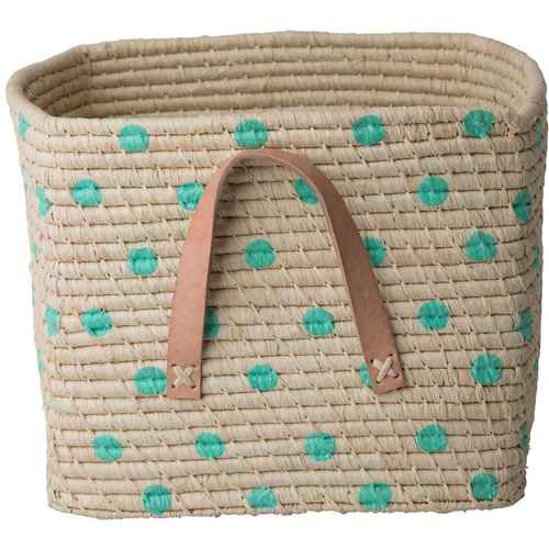 Rice Small Square Raffia Basket with Leather Handles - Blue