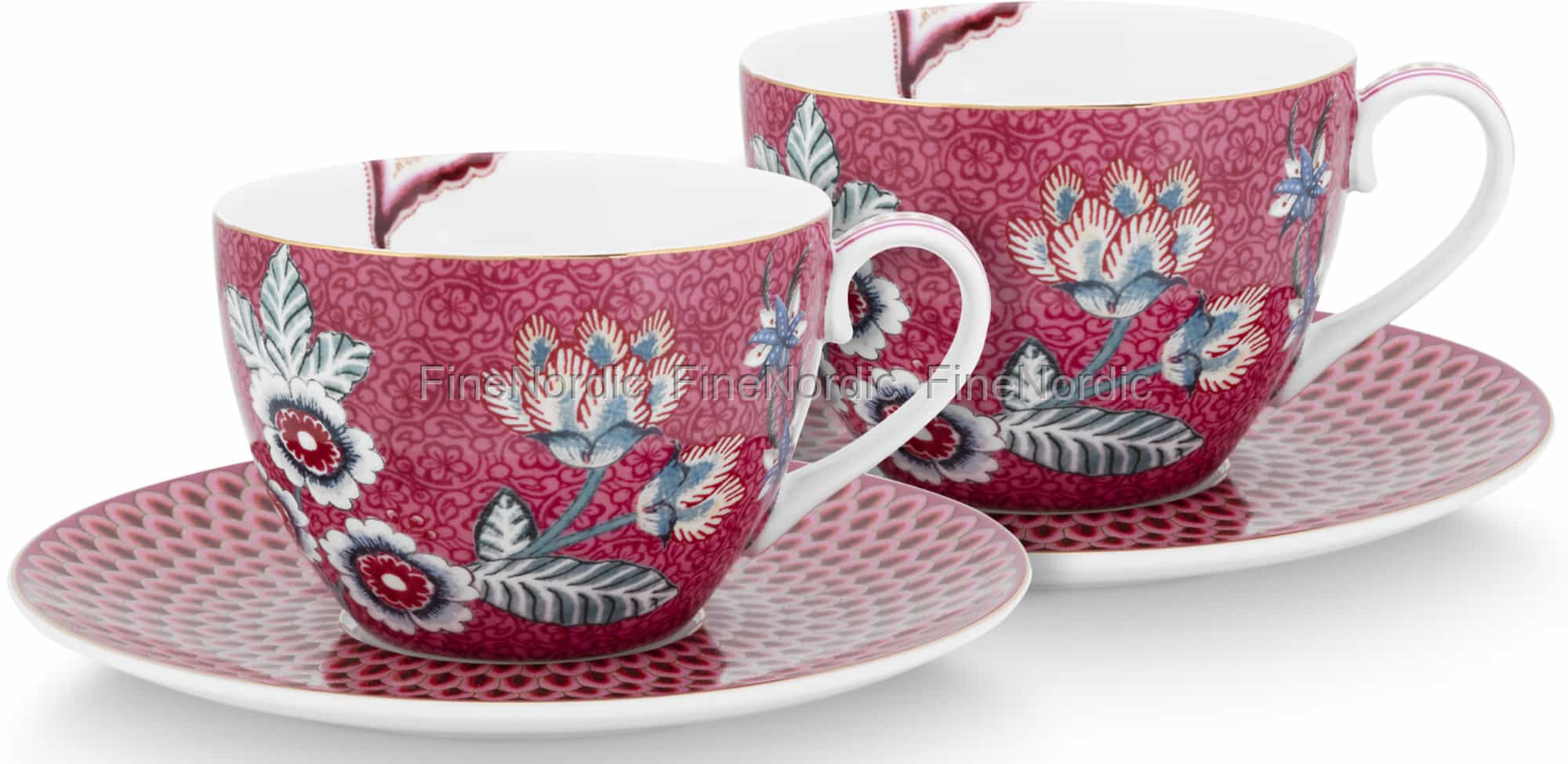Pip Studio Cups & Saucers Flower Festival Dark Pink Set of 2 in Gift Box