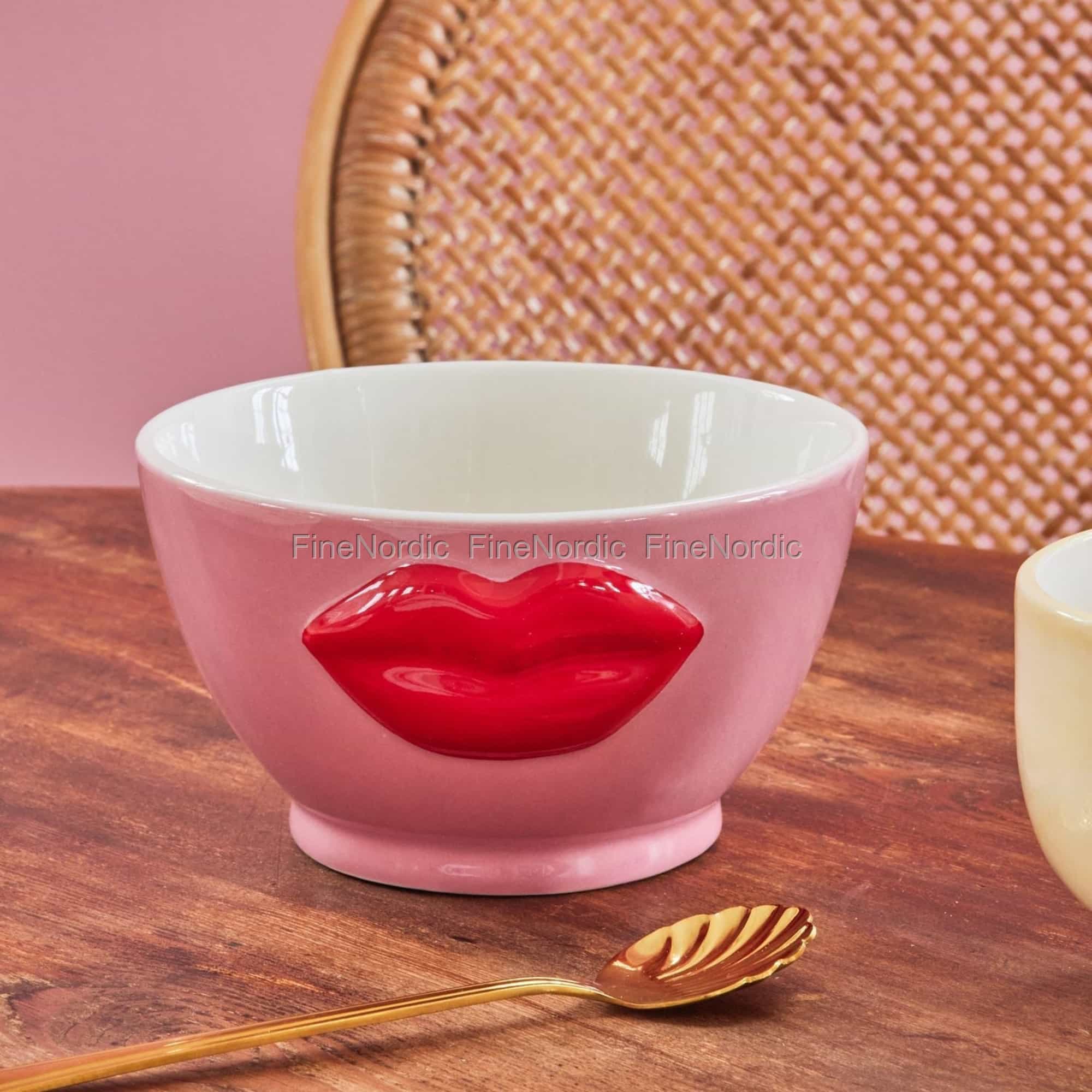 Rice Ceramic Bowl with Embossed Red Lips - Pink - 600 ml