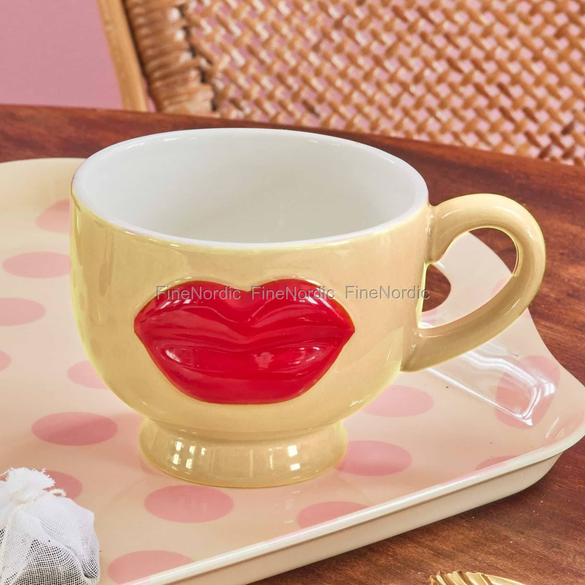 Rice Ceramic Mug with Embossed Red Lips - Cream - 250 ml