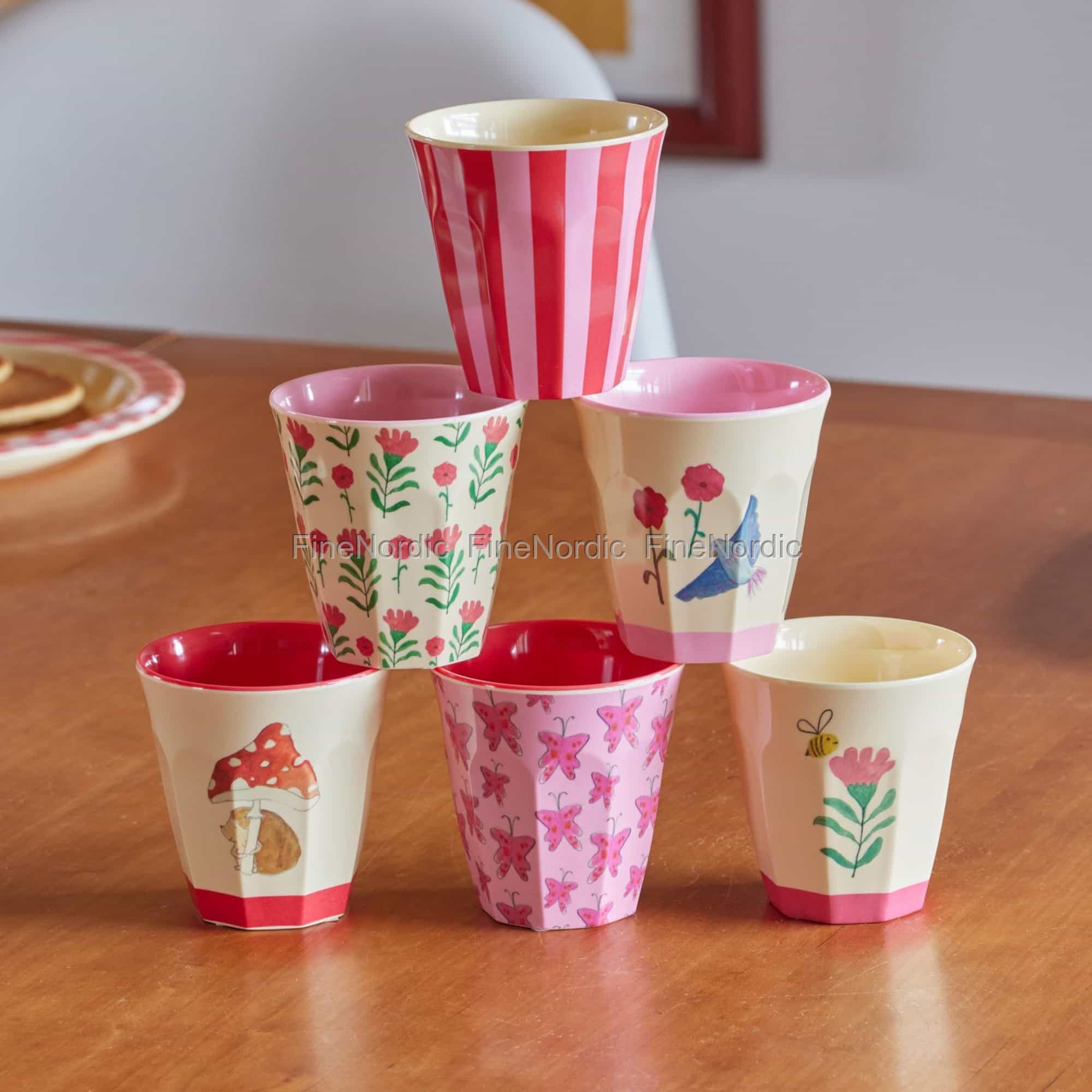 Rice Melamine Cups - "Happy Forest" - Pink - Small - Set of 6 in Giftbox