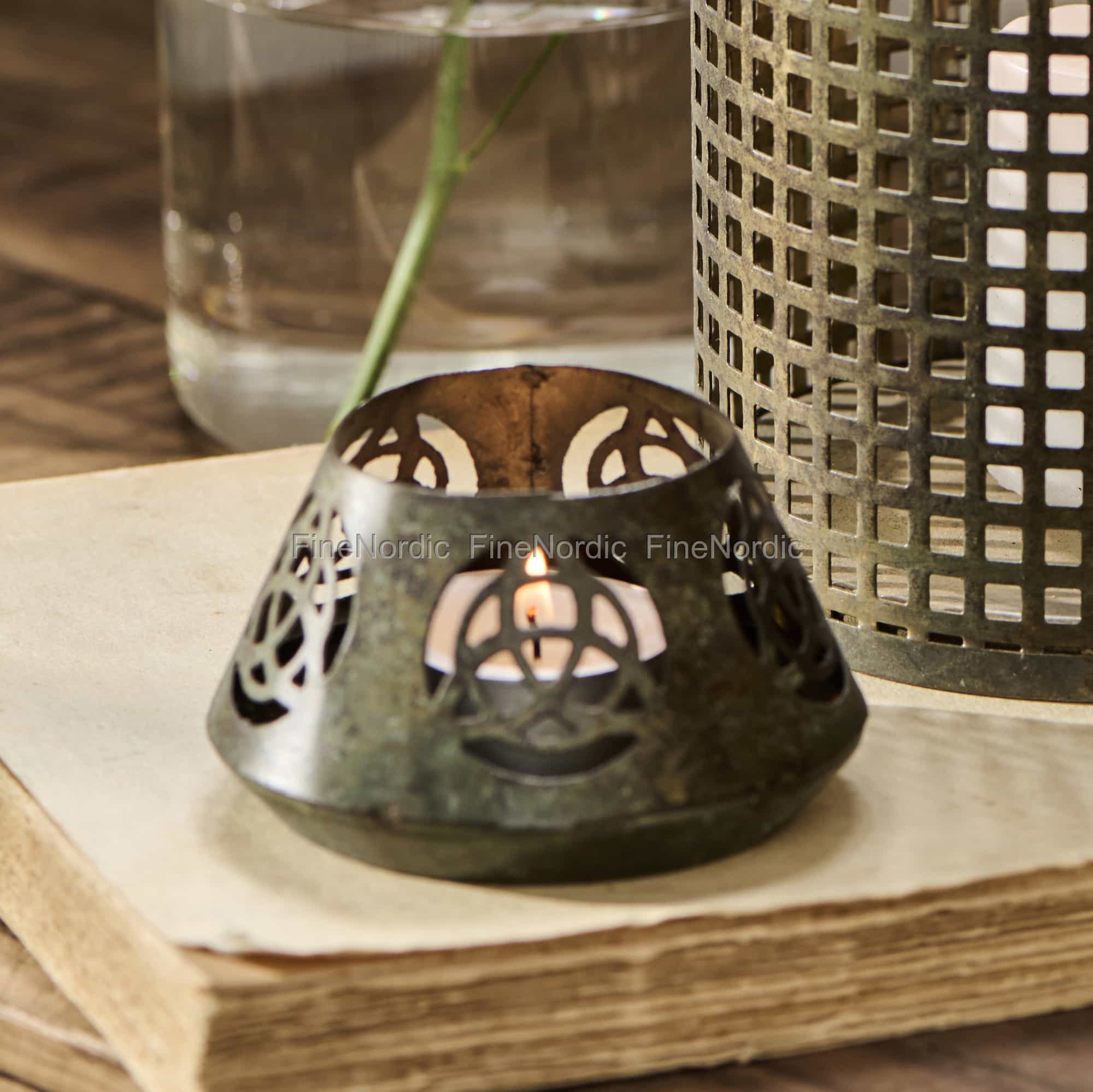 Ib Laursen Candle Holder for Tealight Conical Circle Pattern Green Patina