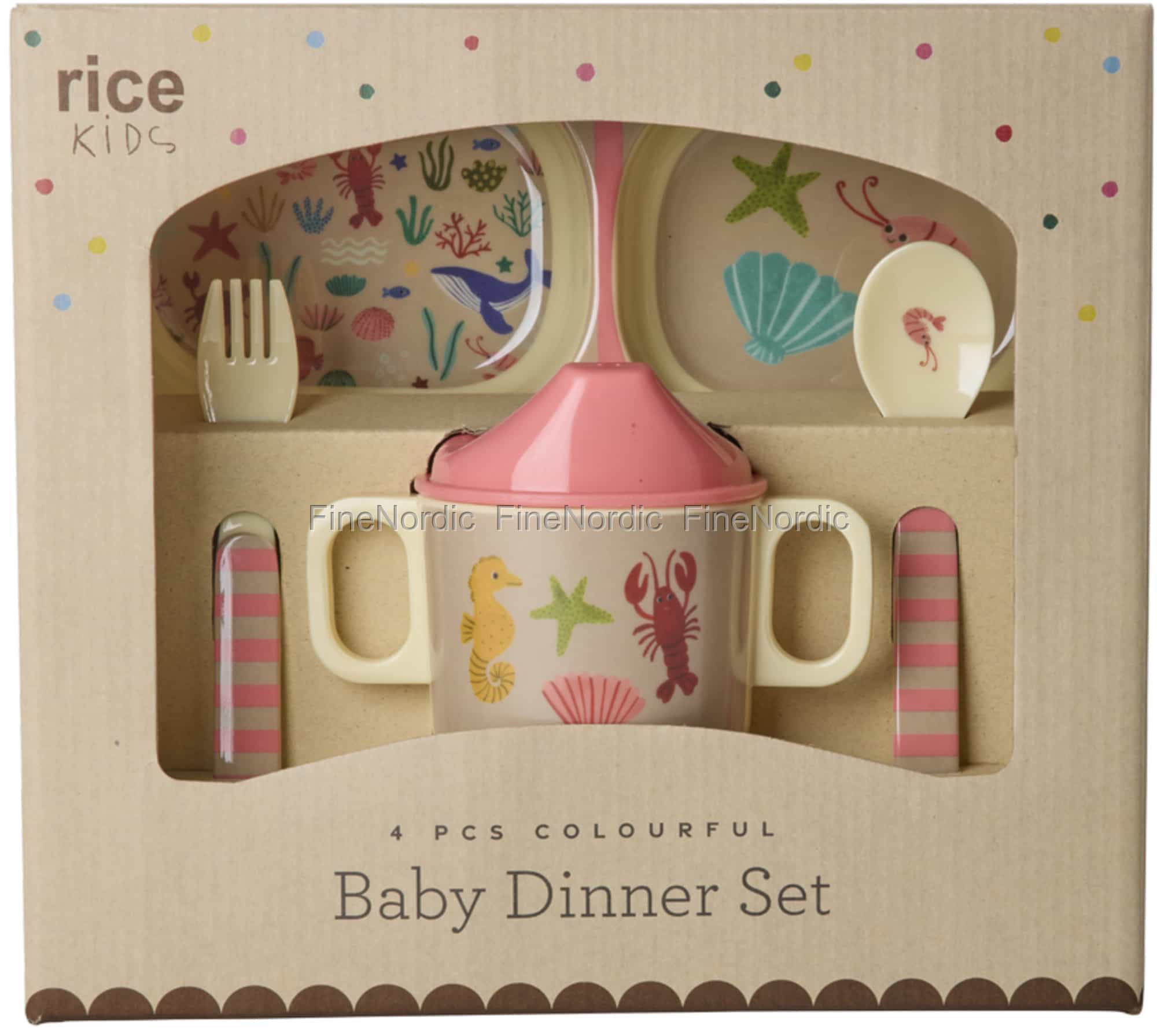 Rice Melamine Baby Dinner Set in Giftbox - "Ocean" - Coral - Set of 4